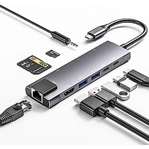 USB C Hub 9 in 1 Multiport Adapter w/Gigabit Ethernet,100W PD,4K@60Hz,2 USB 3.0,USB C 3.0 Data,SD/TF Card Reader,3.5mm Jack,Dongle Docking Station for MacBook iPad Pro iPhone 15 Steam Deck/Rog Ally