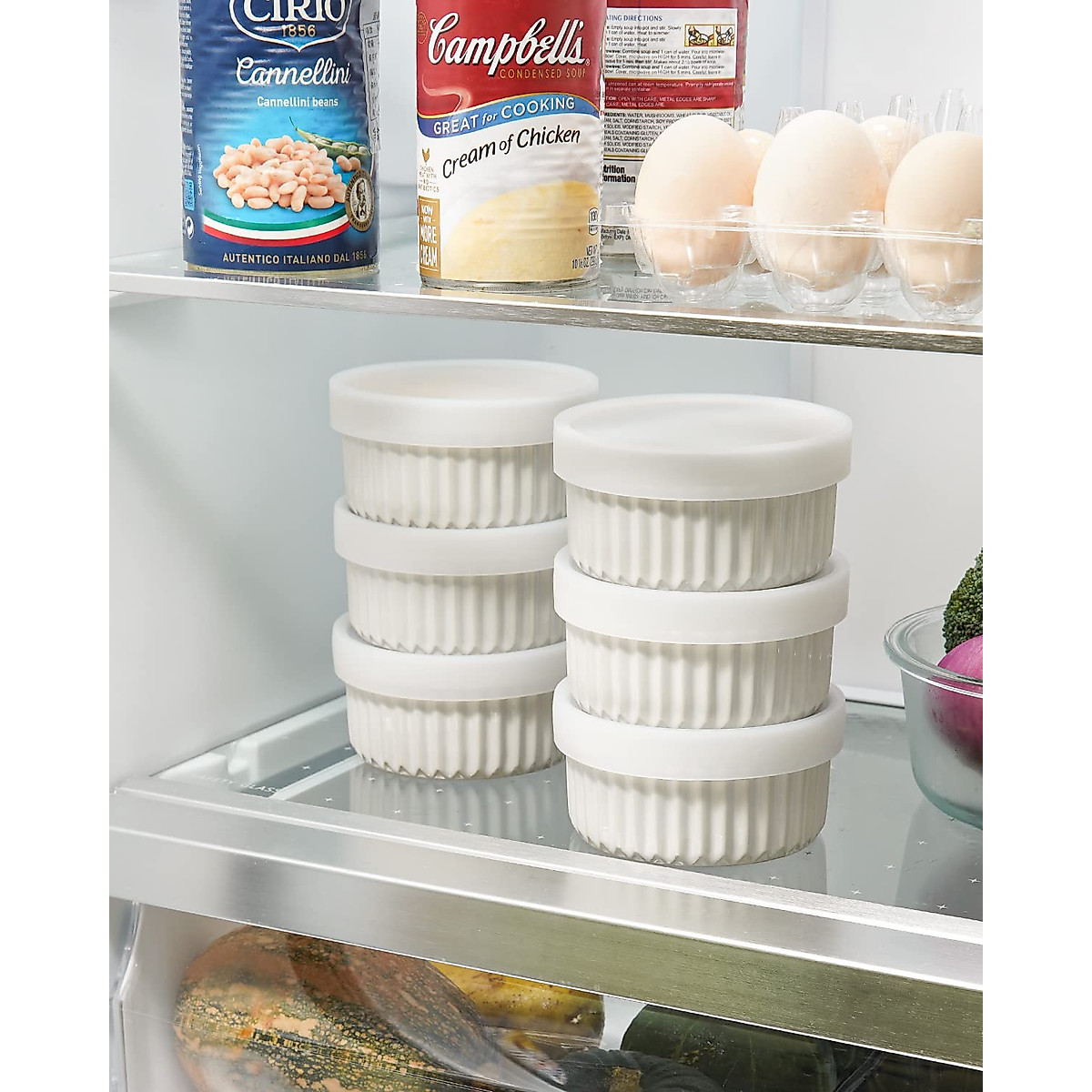 LE TAUCI 8 oz Ramekins with Silicone Storage Lids, Creme Brulee Dishes, Custard Cups for Baking, Oven Safe, Set of 6, White