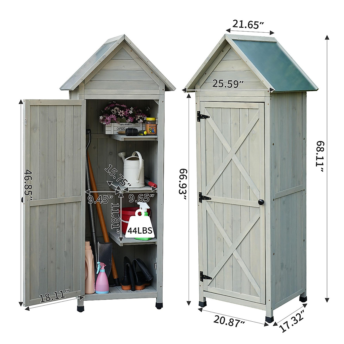 FTCBNet Outdoor Storage Shed Wooden Garden Tool Storage Cabinet with 3 Removabl Shelves and Galvanized Sheet Waterproof Roof for Yard,Patio,Deck and Porch (Gray)