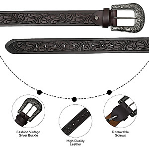 Ssumday Western Cowboy Coffee Style Leather Belts for Women Female Girl Ladies Men Cowgirl Belt Jeans Pants with Vintage Silver Buckle(ZYHCO-M)