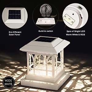 White Solar Post Lights Outdoor Fence Post Lights Fit 3.5x3.5 4x4 4.5x4.5 5x5 Deck Post Lights Solar Powered, RGB & Warm White, 20 LM 1000mAh Battery IP65 Waterproof, ABS Shell Glass Lens (12 Pack)