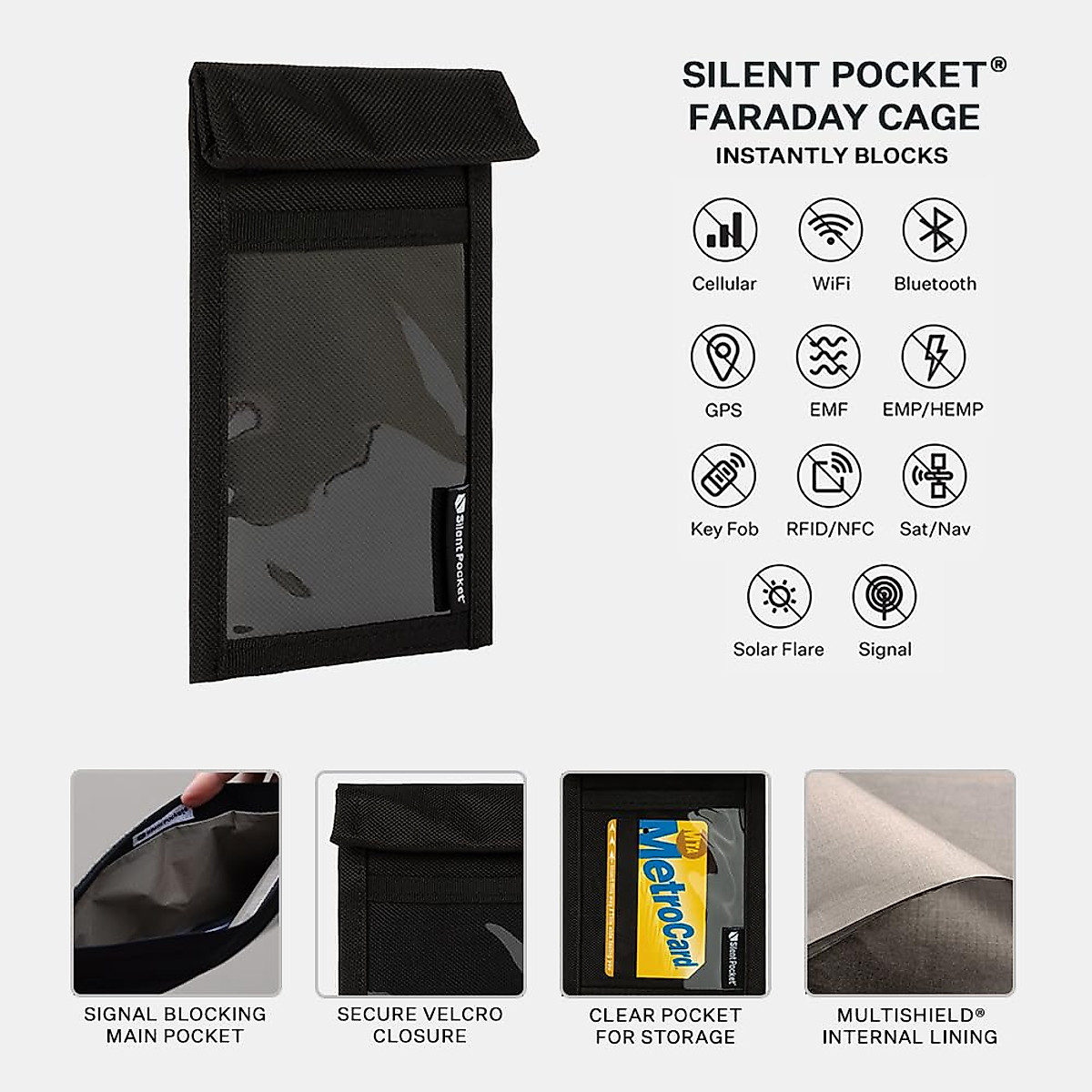 Silent Pocket SLNT Quick Access Smartphone Faraday Bag w Weatherproof Signal Blocking Nylon, Device Shielding for iPhone, Samsung Galaxy, Most Phones - Travel, Privacy & Anti-Hacking (Black, Small)