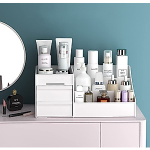 CHANCETSUI Makeup Desk Organizer, Makeup Organizer With Drawers, Bathroom Countertop Organizer for Cosmetics, Vanity Holder for Lipstick, Brushes, Lotions, Eyeshadow, Nail Polish and Jewelry (White)