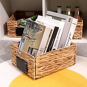 Rectangular Seagrass Baskets Hanging Storage Baskets Kitchen Storage Basket,Foldable Water Hyacinth Basket,Woven Kitchen Organizer with Labels&White Chalk Markers,Set of 4 Pcs,10.8x9x4.9inch