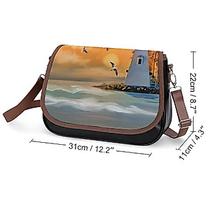 delayer Satchel Bag For Women Oil Painting Seagull Lighthouse Waterproof Leather Crossbody Handbag Messenger Bag For Ladies, Multi