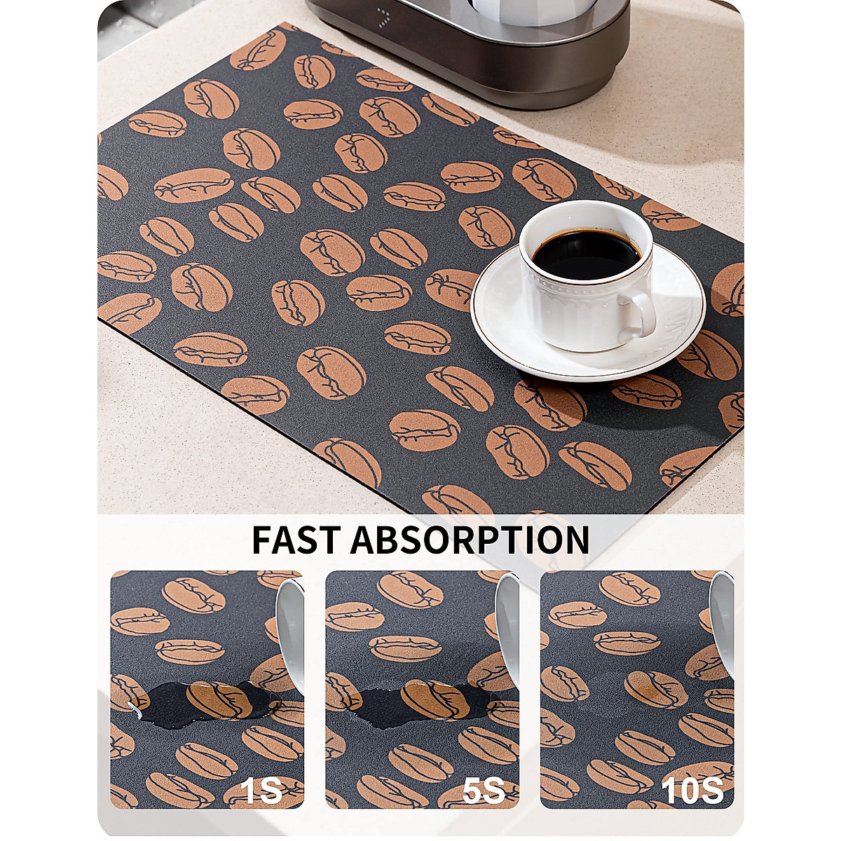 ILANGO Coffee Maker Mat for Countertops Hide Stain Rubber, Non Slip Coffee Bar Mat for Kitchen Counter, Absorbent Dish Drying Mat, Coffee Accessories Fit Under Coffee Espresso Machine 16"*24"