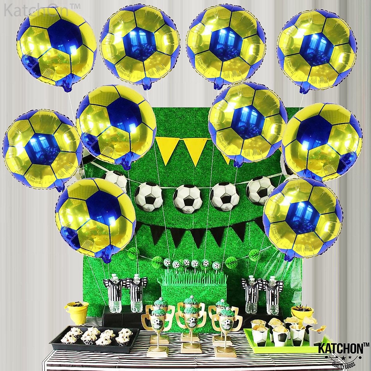 KatchOn, Yellow and Blue Soccer Balloons - 18 Inch, Packof 10 | Soccer Ball Balloons, America Soccer Team Party Decorations | Yellow and Blue Soccer Party Decorations | Soccer Birthday Decorations