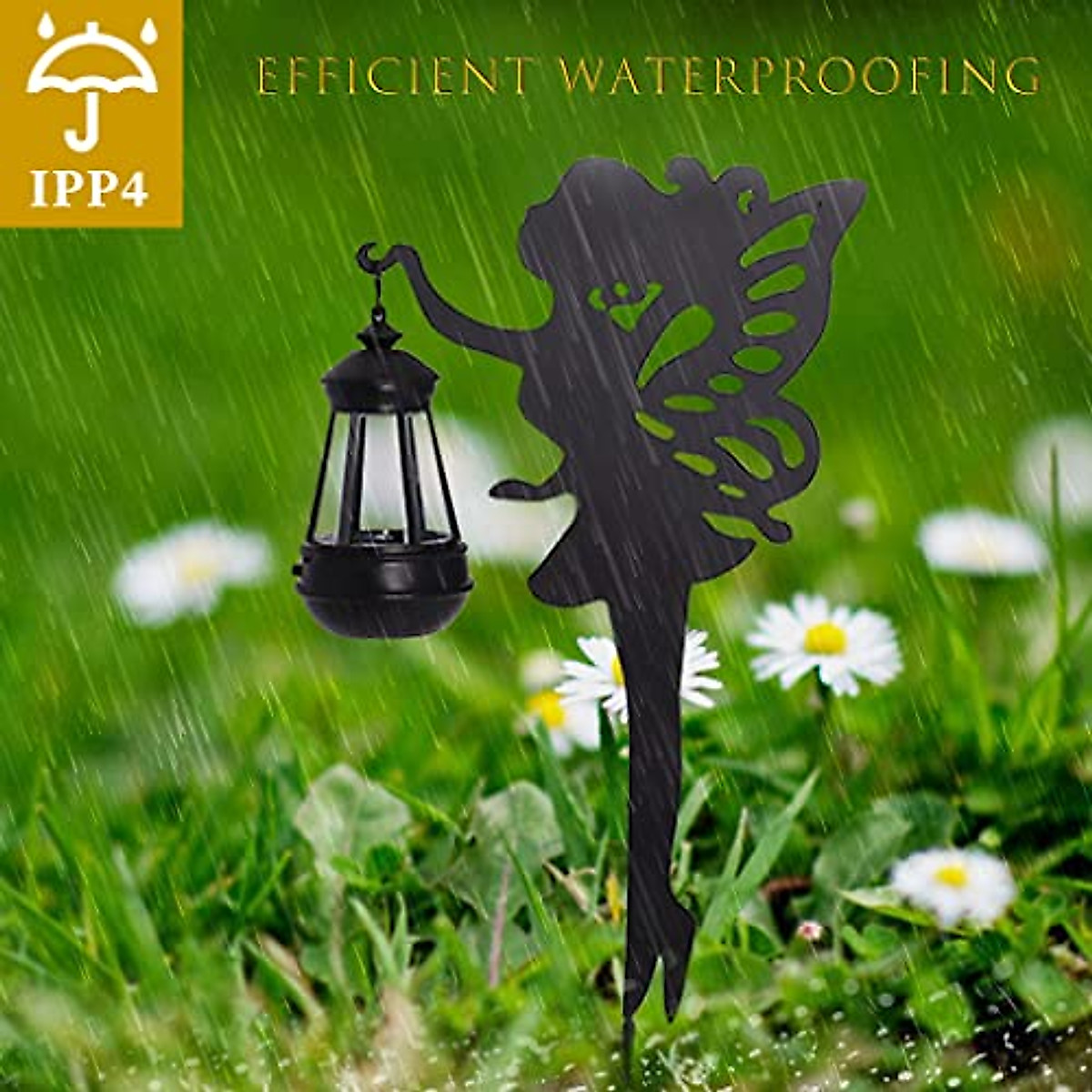 Poweka Fairy Garden Decor Solar Light, Metal Statues Solar Landscape Lights Outdoor Waterproof Hanging Lantern for Lawn Patio Yard Walkway Front Porch Decoration （2Pack）