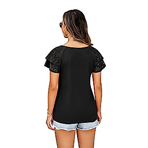 FREEOAK Summer Tops Double Lace Sleeve Shirts for Women V Neck Loose Casual Tee Tunics Black Tops for Women Black L