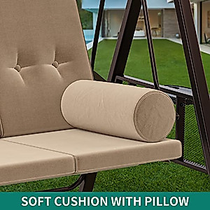 YITAHOME 3-Seat Deluxe Porch Swing Outdoor Heavy Duty Patio Swing Chair with Adjustable Canopy Removable Cushions Weather Resistant Steel Frame Suitable for Garden, Lawn, Backyard, Balcony, Brown