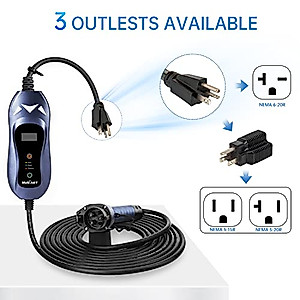 MUSTART Level 1 and Level 2 Portable EV Charger (16 Amp Adjustable, 100-240V, 25ft Cable). NEMA 6-20 Plug with NEMA 5-15 Adapter Electric Vehicle Charger