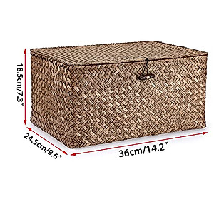Hipiwe Wicker Shelf Baskets Bin with Lid, Handwoven Seagrass Basket Storage Bins Rectangular Household Basket Boxes for Shelf Wardrobe Home Organizer, Coffee Large