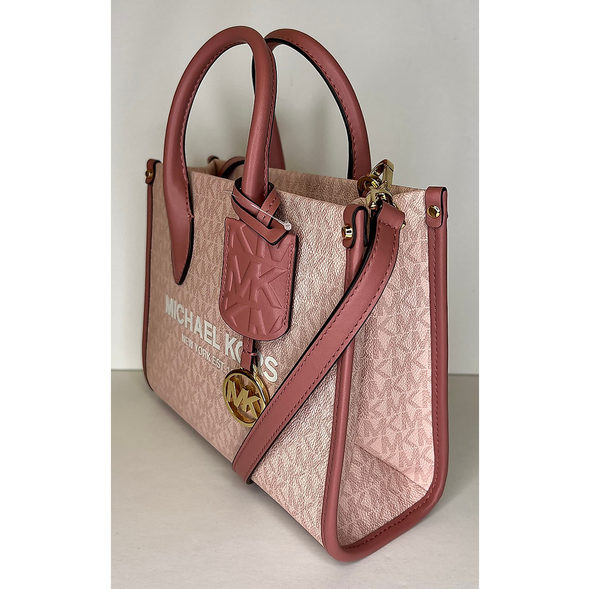 Michael Kors Mirella Small Shopper Top Zip Bag bundled SM TZ Coinpouch Purse Hook (Pink MK Signature)