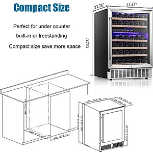 Antarctic Star 24" Wine Cooler Beverage Refrigerator Under Counter Beer Mini Fridge Built-in Freestanding Stainless Steel Dual-Layer Digital Temperature Control Glass Door…