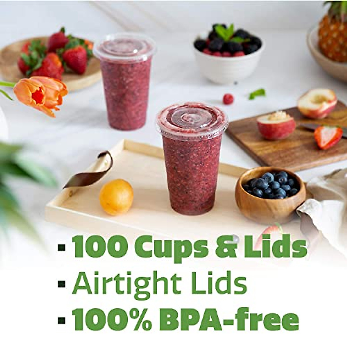 Comfy Package [20 oz. - 100 Sets Clear Plastic Cups With Flat Lids