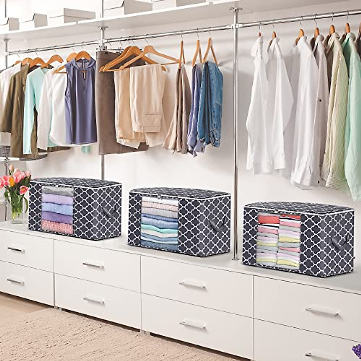 UMEIJA Large Clothes Storage Bags 100L Clothing Storage Organizer Foldable Storage Containers for Comforter Blanket Bedding with Durable Handle, Clear Window, Sturdy Zippers (3 Pack)