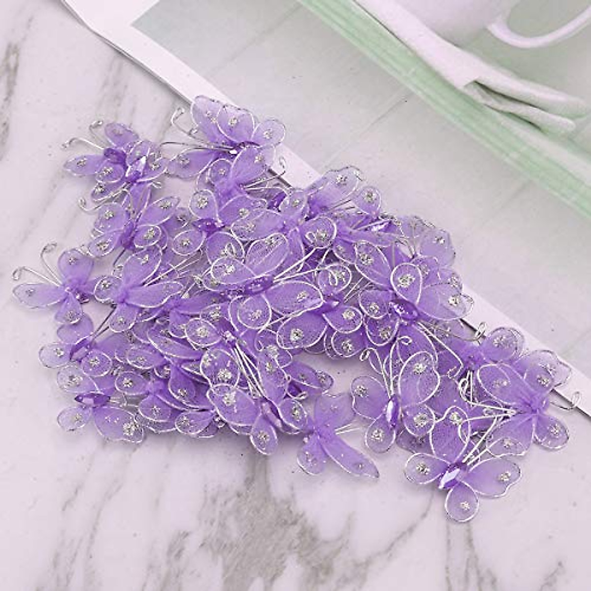 Artibetter 50PCS Wired Mesh Butterfly Glitter Gem Butterfly Craft Decor(Lavender)