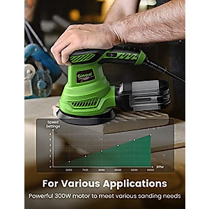 Orbital Sander, Ginour 300W Powerful Random Orbital Sanders, 6 Variable Speed 6000-13000RPM Electric Palm Sander with Transparent Dust Box, 15PCS Sandpaper, Sponge, Wool Disc, Sanders for Woodworking
