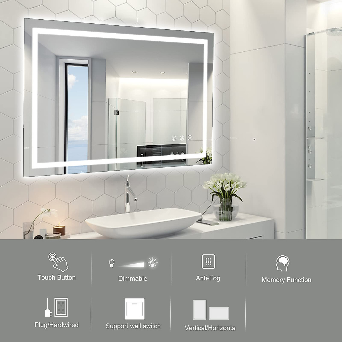 LUSPAZ Led Bathroom Mirror for Wall 40x30 Inch with Front and Backlit Lights, Double LED Vanity Mirror with Lights, Anti-Fog, Shatter-Proof, Memory, Stepless Dimmable Wall Mirrors