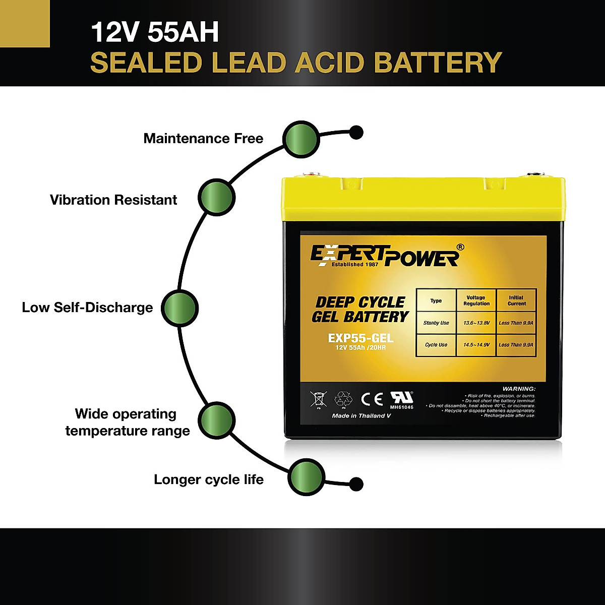 ExpertPower 12Volt 55AH Rechargeable Gel Battery