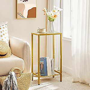 HOOBRO Tall Side Table, Morden Tempered Glass End Telephone Table with Adjustable Mesh Shelves, Small Entryway Table, Laptop Table for Office, Hallway, Living Room, Gold GD03DH01