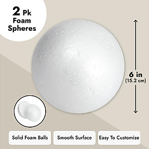Juvale 2 Pack Foam Balls for Crafts, 6-Inch Round White Polystyrene Spheres for DIY Projects, Ornaments, School Modeling, Drawing