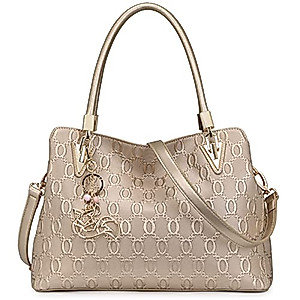 Leather Handbags for Women, Split Cowhide Lock Chain Pattern Ladies Top-handle Bag with Adjustable Shoulder Strap Women's Pocketbooks Tote Bag Womens Leather Crossbody Purses and Handbags (Gold)