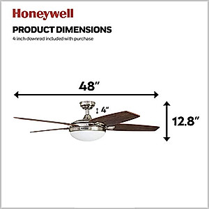 Honeywell Ceiling Fans Carmel, 48 Inch Contemporary Indoor LED Ceiling Fan with Light, Remote Control, Dual Mounting Options, Dual Finish Blades, Reversible Motor - 50196-01 (Brushed Nickel)