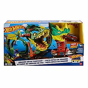 HOT WHEELS Track Set with 1:64 Scale Toy Firetruck, City Fire Station with Dragon Nemesis and Track Play, Dragon Drive Firefight