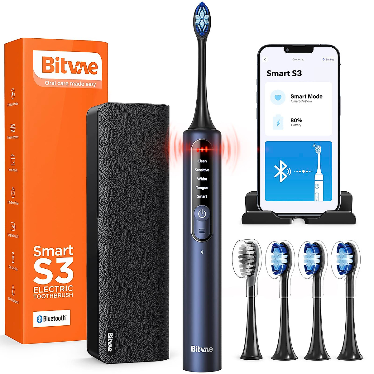 Bitvae Smart S3 Sonic Electric Toothbrush for Adults, 180-Day Battery Life Rechargeable Electric Power Toothbrush with Pressure Sensor, Electric Toothbrush with 4 Brush Heads, Travel Case, Dark Blue