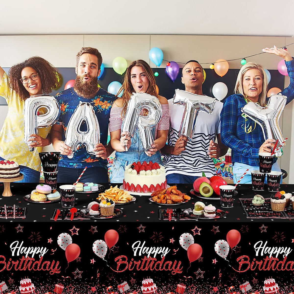 Capoda Birthday Party Supplies Happy Birthday Tableware Set Confetti Starry Tablecloth Plates Cups Napkins Dinnerware for Kids Adults Party Supplies Decor(Red and Black)