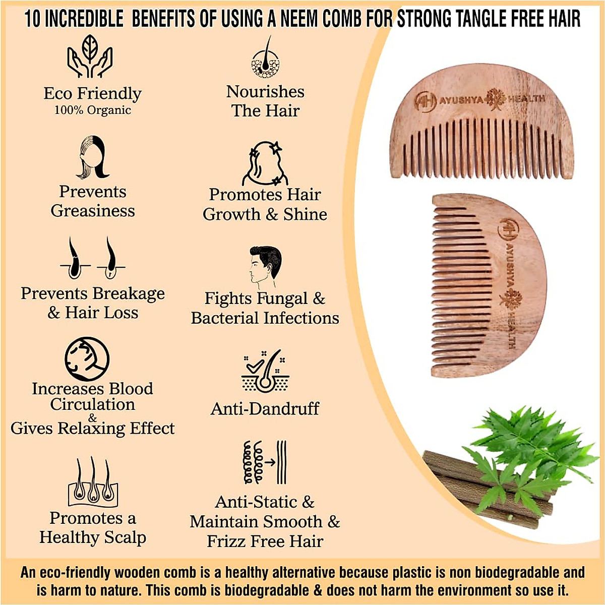 AYUSHYA HEALTH Neem Wood Comb Hair + Beard Detangler for Women and Men | Pocket Comb | traveling Comb & Beard Comb for Beard | Wooden Pocket Size Beard Comb (Pack of 2)