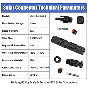 PRECIHW 12 Pairs Solar Panel Cable Connectors, Multi-Contact 4 Solar Connectors, IP67 1000V 30A Waterproof Male/Female Solar Panel Cable Connectors for 2.5/4/6mm² with 2 Pack Wrenches