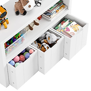 FOTOSOK Toy Storage Cabinet with 3 Movable Drawers, Floor Storage Organizer with Hidden Wheel & Large Open Bookhelf, Organizer Chest for Playroom, White
