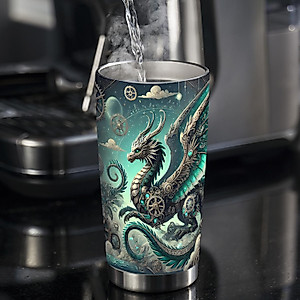 64HYDRO 20oz Steampunk Mechanical Dragon Tumbler, Engineer Mechanic Dragons, Gaming, Gamers Gifts for Dragon Lovers, Stainless Steel Double Wall Vacuum Insulated Coffee Mug, Travel Cup with Lid