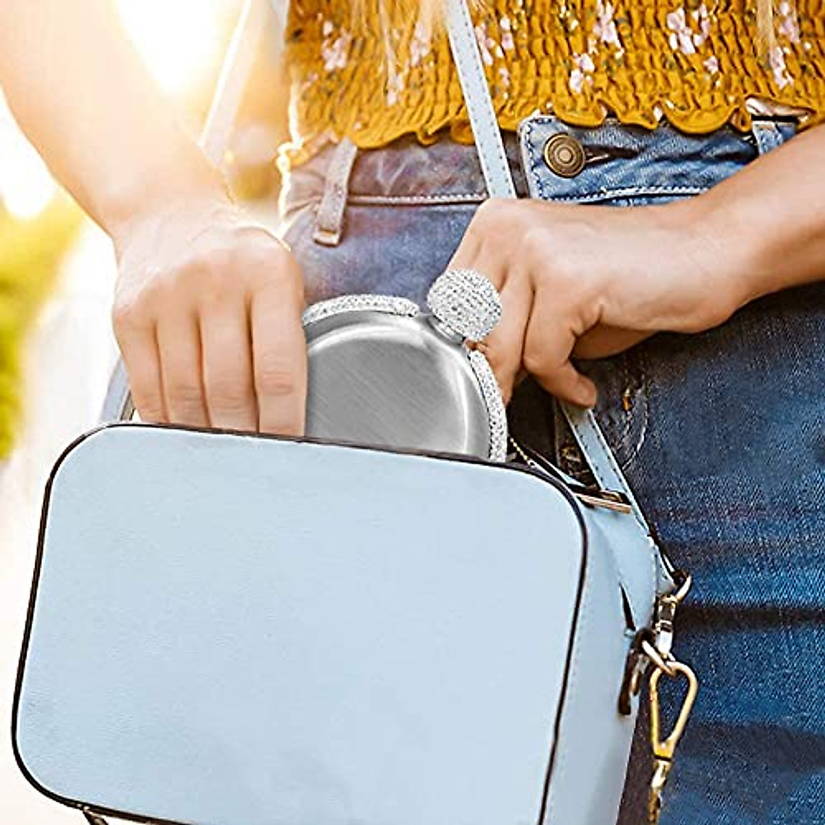 INTOR Hip Liquor Flask for Women, Leakproof Wine Flasks 304 Stainless Steel Rhinestone Portable Flask with Funnel, Women Girls Bling Gift(Silver/5oz)