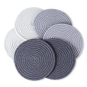 6 Pack Trivets for Hot Dishes 7 Inches Hot Pads for Kitchen Trivets for Hot Pots and Pans Farmhouse Coasters Cotton Rope Placemats Kitchen Decor for Counter Woven Potholders (Black, Grey, White, 6)