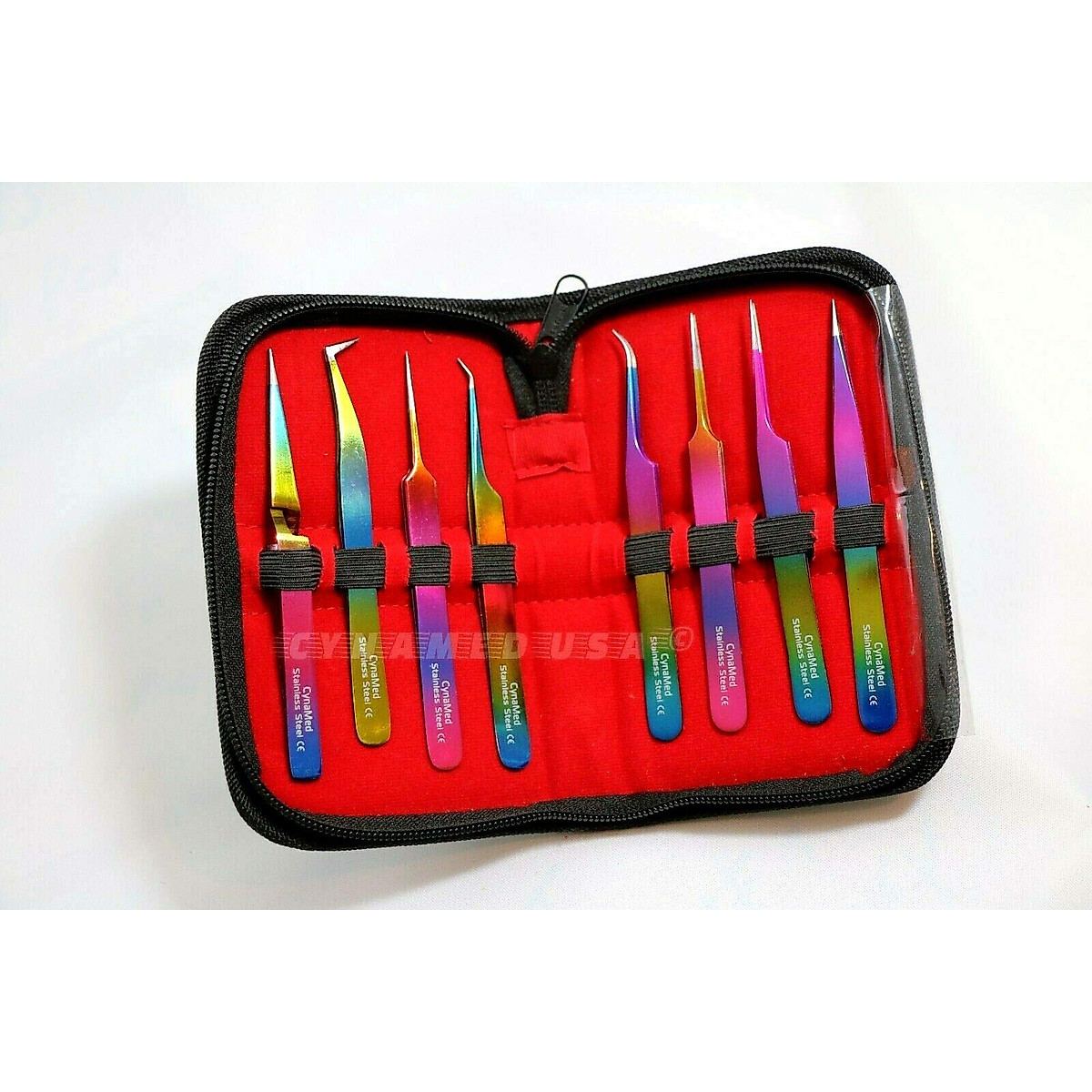 Cynamed -Set of 8 pcs High Precision Multi Rainbow Color German Stainless Steel 3D 5D 6D Volume False Eyelash Extension Tweezers