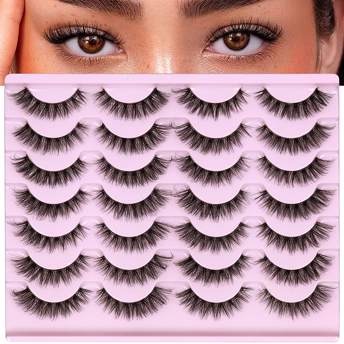 Newcally Lashes Mink False Eyelashes Natural Look Wispy Clear lash Band Fake Eyelashes Fluffy 3D Curly Strip Volume Cat Eye Lashes Pack 14 Pairs