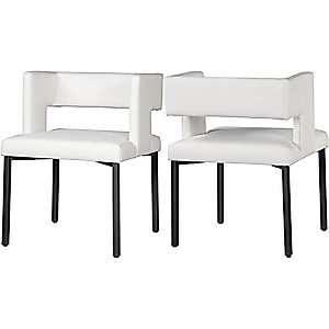 Meridian Furniture Caleb Collection Modern | Contemporary Upholstered Dining Chair with Squared Back and Sturdy Iron Legs, Set of 2, White Faux Leather, Matte Black, 23" W x 21" D x 30" H