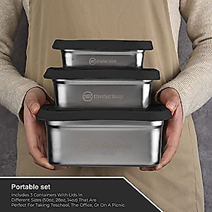 Stainless Steel Containers with Lids for Food Storage – Set of 3 Stackable Stainless Steel Snack Containers for kids – Leakproof Rectangle Bento Boxes for Meal Prep, Snacks, Black