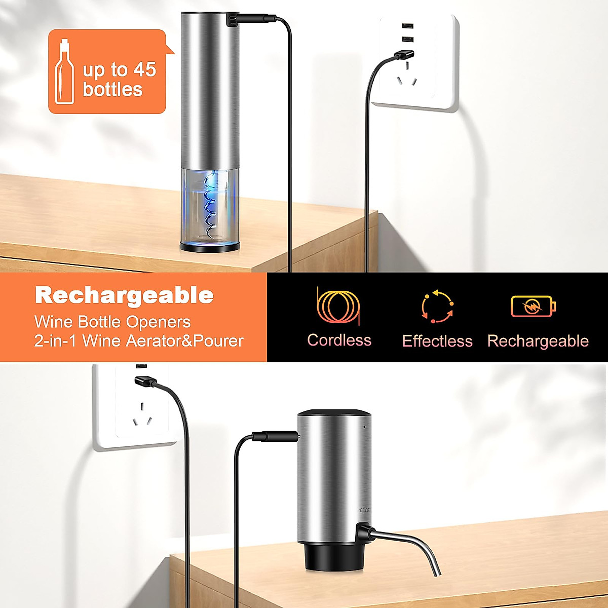 Bsteciar Rechargeable Electric Wine Openers Set,Cordless One-click Automatic Electric Wine Bottle Opener,Aerator, Vacuum Stoppers, Foil Cutter and Bottle Opener for Home Bar and Outdoor Parties