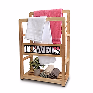 2 Tier Towel Rack for Bathroom - Besuerte Freestanding Towel Rack for Bathroom, Wooden Bath Towel Rack, Blanket Rack Stand for Living Room, 31.5" H Towel Drying Rack Holder with Black Towels Letters