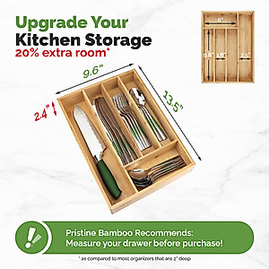 Pristine Bamboo Silverware Organizer– Utensil Organizer for Kitchen Drawers – Small Extra-Deep Wooden Kitchen Drawer Organizer Divider for Spoons Forks Knives cutleries