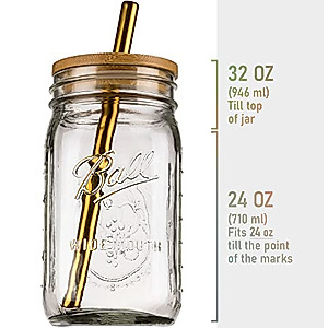 Reusable Boba Bubble Tea & Smoothie Cups - 2 Glass Wide Mouth 32oz Mason Jars with Bamboo Lids - 2 Reusable Gold Stainless Steel Boba Straws