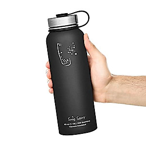 Swig Savvy Sports Water Bottle, Vacuum Insulated Stainless steel, Double Wall Wide Mouth Leakproof Lid - 40oz (Black)
