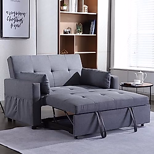 Haplized Loveseat Sleeper Sofa Bed, Dark Grey Linen Fabric Convertible Sleeper Sofa with Pull-Out Couch Bed & Adjustable Cushions Backrest, Reclining Loveseat with Side Pocket for Living Room