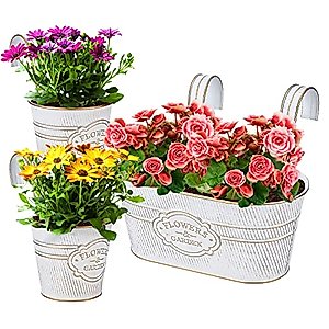 PerGar Vintage Metal Iron Wall Hanging Flower Pots, Rustic Planter Bucket Herb Flower Plant Holder with Detachable Hooks & Drainage Hole for Railing Fence Balcony Deck Garden Home Decoration, Set of 3