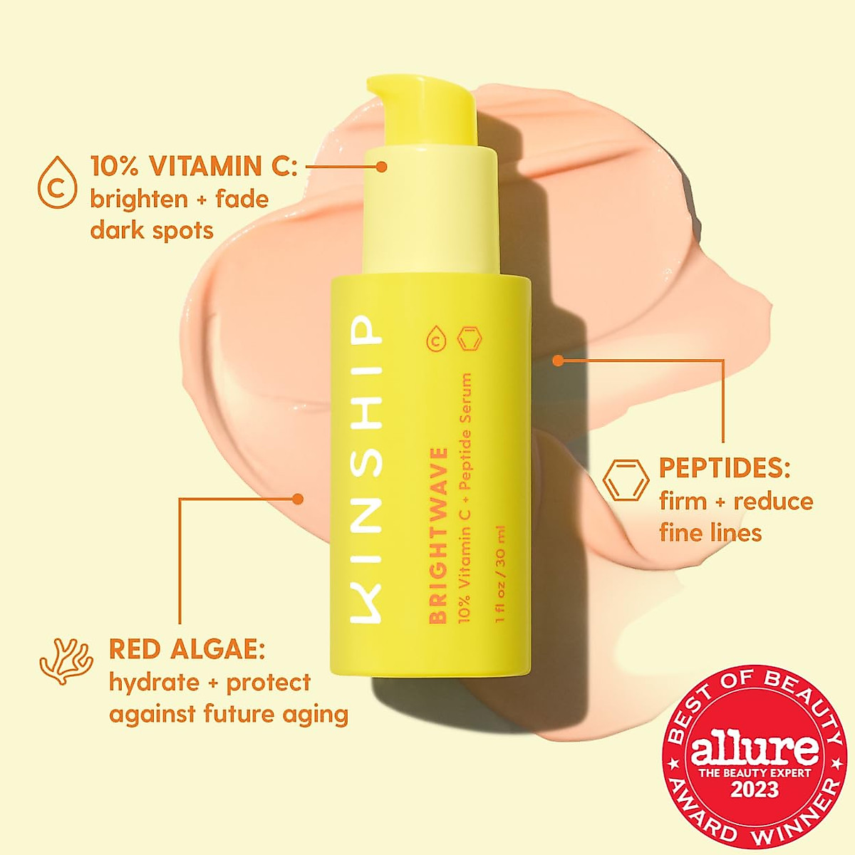 Kinship Brightwave 10% Vitamin C + Peptide Serum - Fade Dark Spots, Reduce Fine Lines & Wrinkles - Brighten, Plump & Smooth Face - Vegan Collagen - Anti-Aging Skincare - All Skin Types (1 Fl Oz)