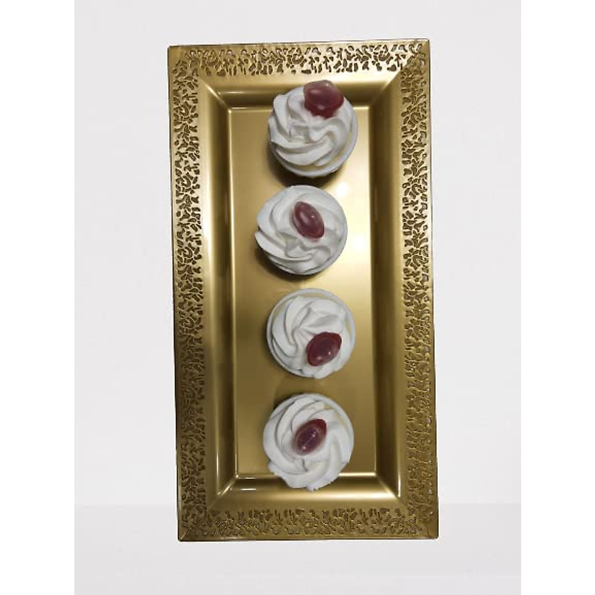 Yumchikel-Decorative Plastic Serving Tray & Platter Set (4pk)-Gold & lace Rim Disposable Serving Trays & Platters for Food - Weddings, Upscale Parties, Dessert Table, Cupcake Display - 14"x7.5" inches